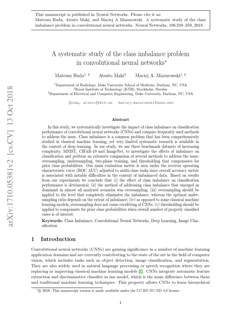 A Systematic Study of The Class Imbalance Problem in Convolutional Neural Networks | PDF ...