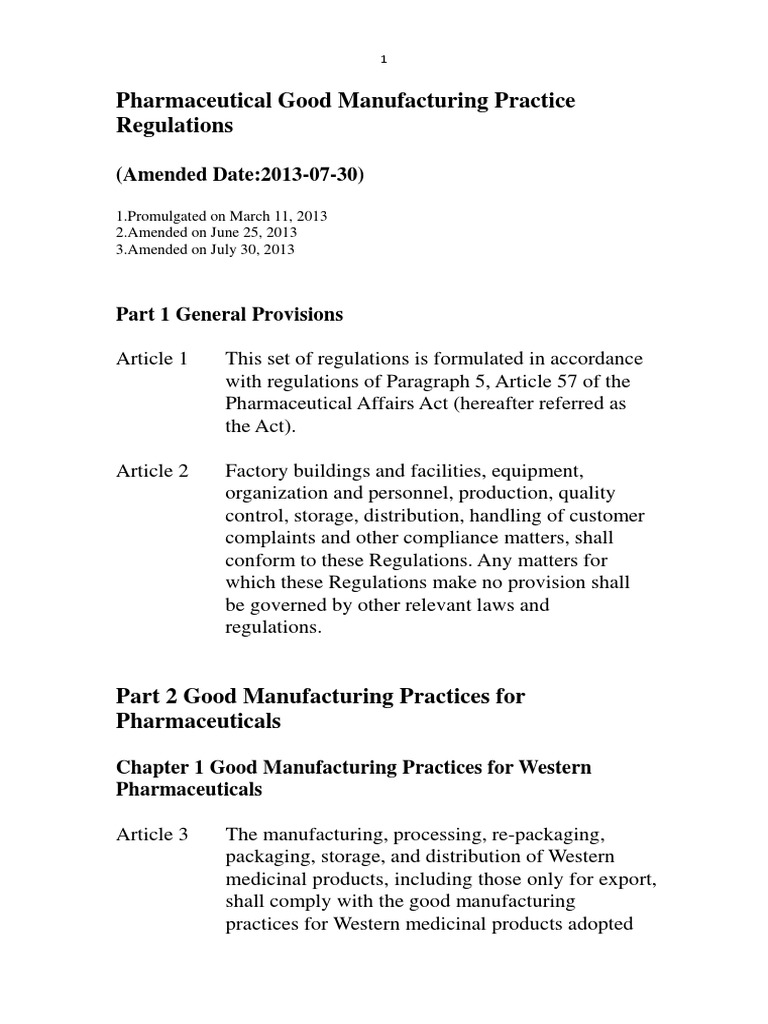Pharmaceutical Good Manufacturing Practice Regulations PDF | PDF ...
