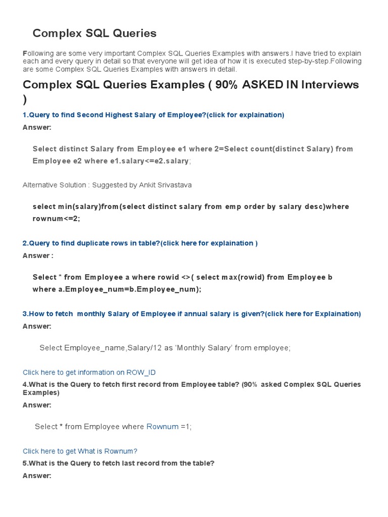 Complex - SQL - Queries - Complex - SQL - Queries - Examples - PDF ... Complex - SQL - Queries - Complex - SQL - Queries - Examples - PDF ...