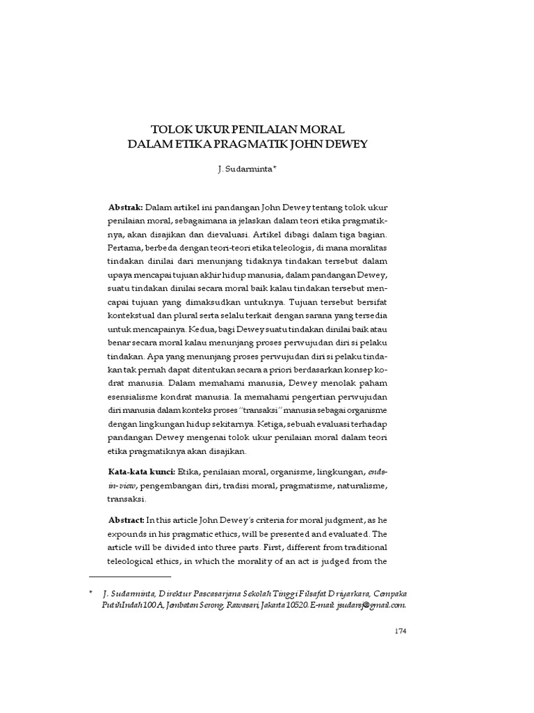 Tolok Ukur Penilaian Moral Dalam Etika Pragmatik John Dewey PDF | PDF