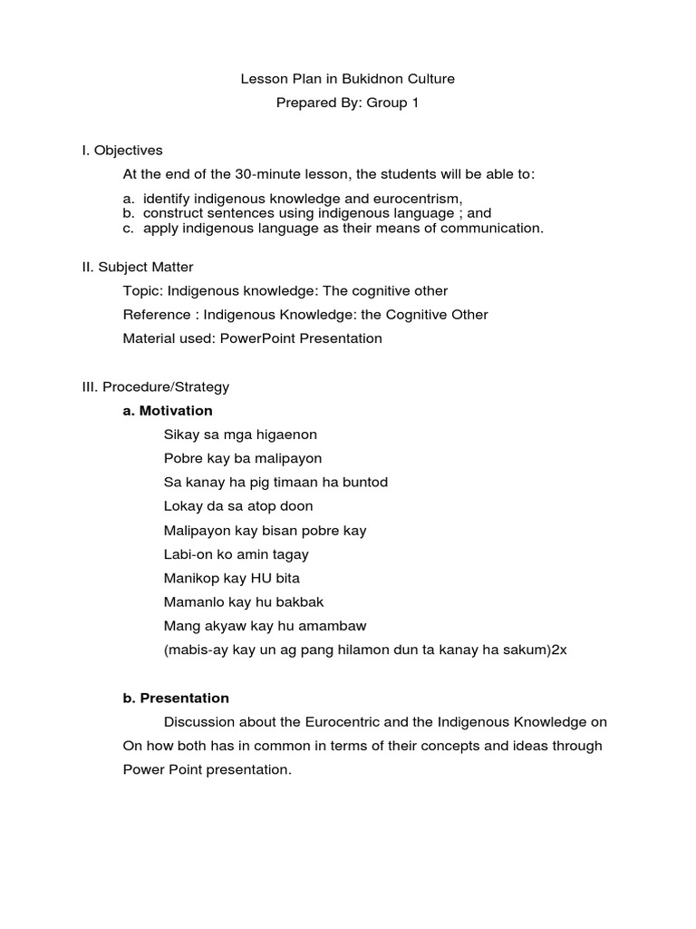 Lesson Plan on Bukidnon Culture and Indigenous Knowledge | PDF ...