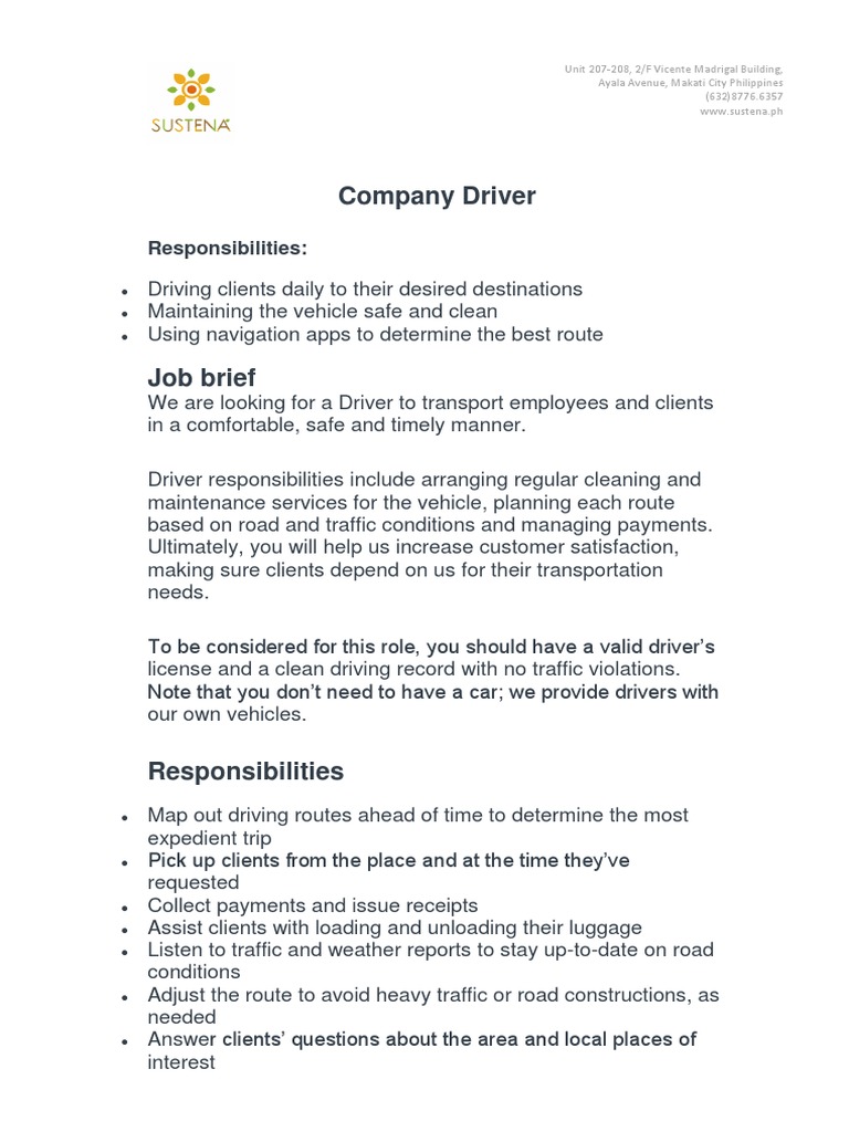 Company Driver Job Description | PDF | Traffic | Car