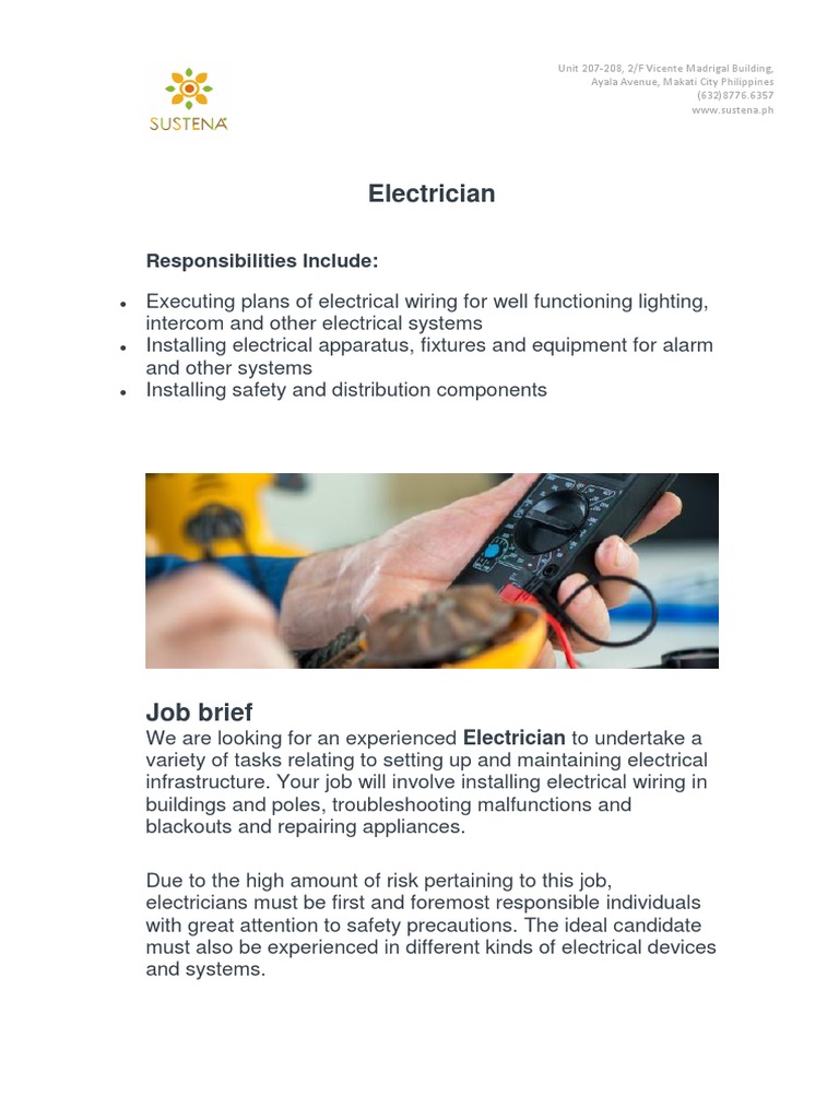 Job Description Electrician | PDF | Electrician | Electrical Wiring