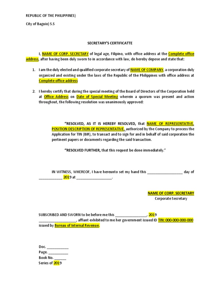 Secretary Certificate | PDF