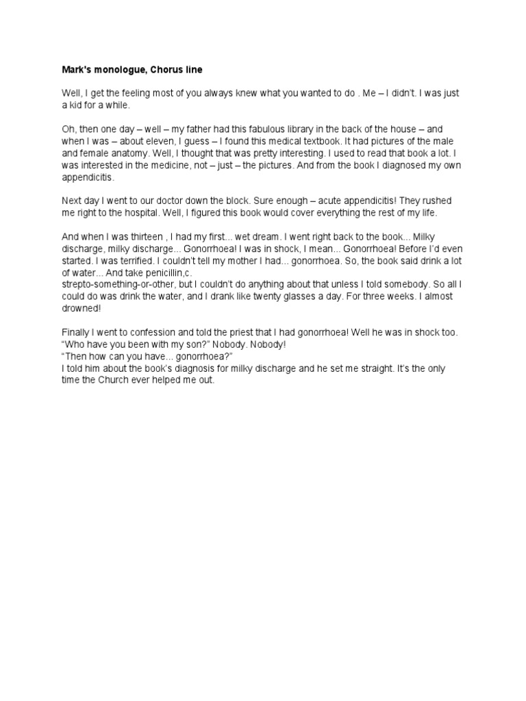 Audition Version of Mark's Monologue From Chorus Line | PDF