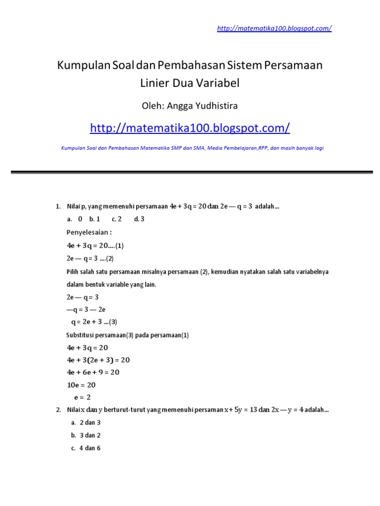 Soal dan Pembahasan Persamaan Linear 2 Variabel | PDF