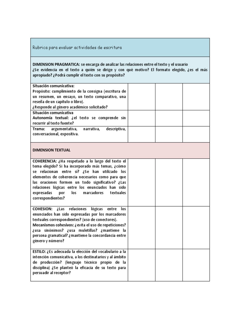 Rúbrica para Evaluar Escritura Nivel Superior | PDF | Oración ...