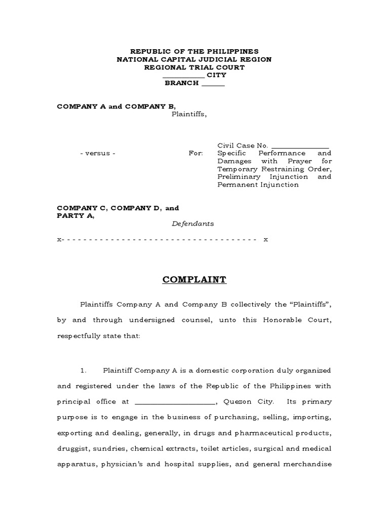 Sample Injunction Complaint | PDF | Damages | Injunction