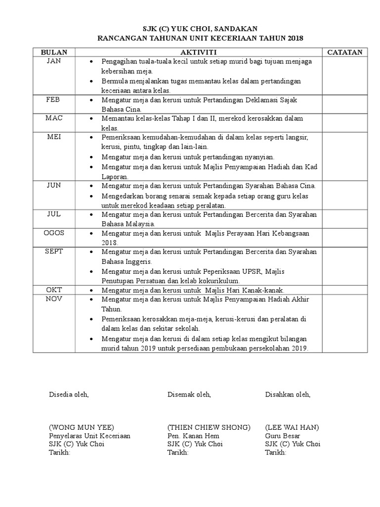 Rancangan Dan Takwim Unit Keceriaan | PDF