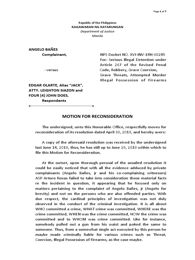 Motion For Reconsideration | PDF | Evidence | Crime & Violence