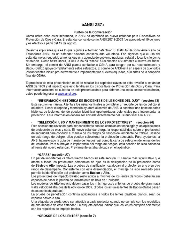 Ansi Z87 | PDF | Administración de Seguridad y Salud Ocupacional | Lentes