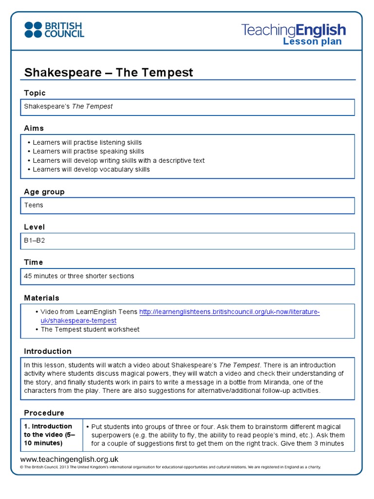 The Tempest Lesson Plan - 0 | PDF | The Tempest | Lesson Plan