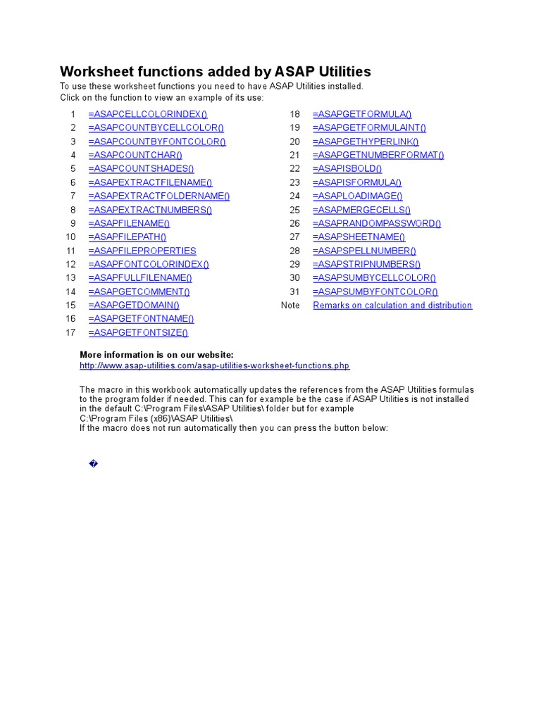 Guide to ASAP Utilities Worksheet Functions | PDF | Worksheet | Hyperlink