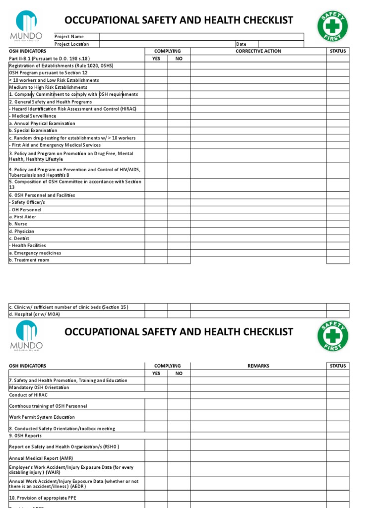 OSH Checklist | Download Free PDF | Occupational Safety And Health ...