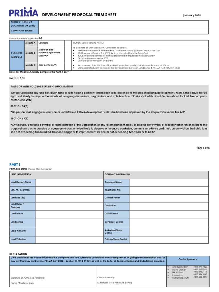Appendix 1 - PR1MA Development Termsheet v5 | PDF | Joint Venture ...