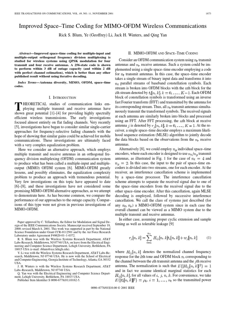 Improved Space-Time Coding For MIMO-OFDM Wireless Communications | Download Free PDF ...