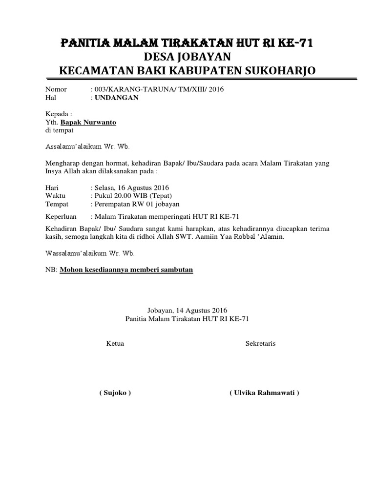 Undangan Malam Tirakatan HUT RI 71 | PDF