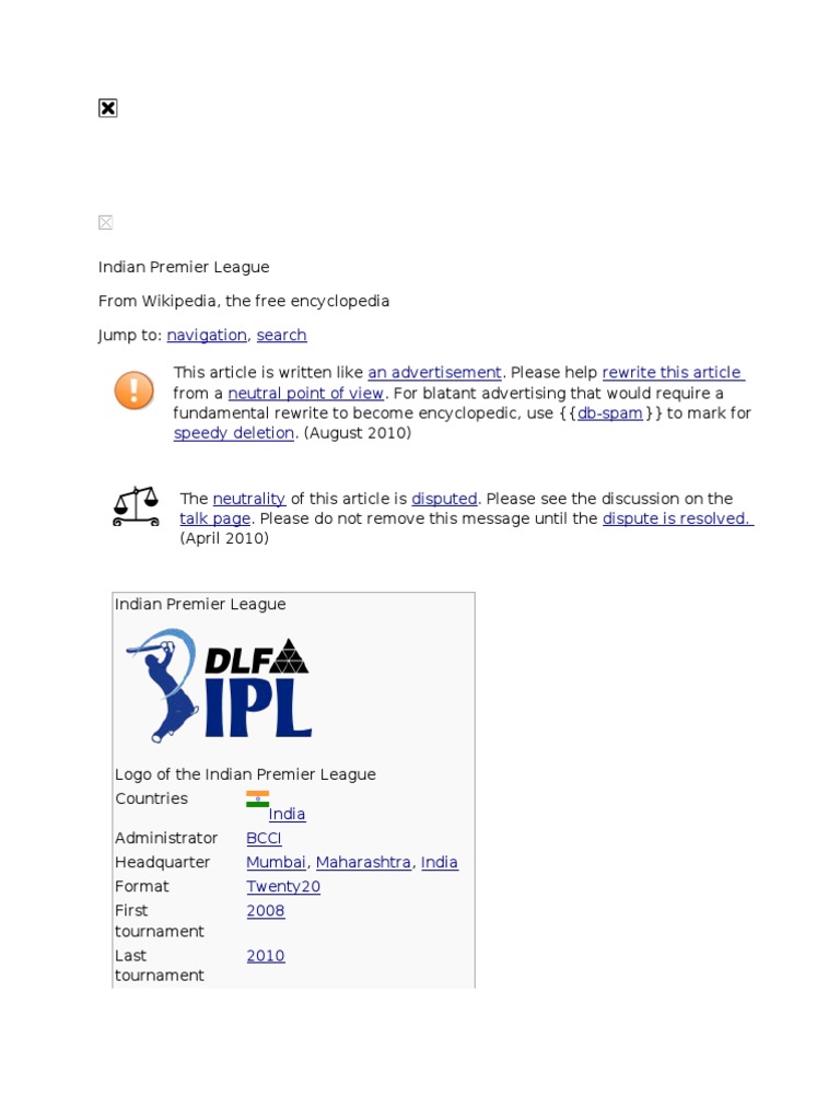 Indian Premier League | PDF | Ball And Bat Games | Team Sports