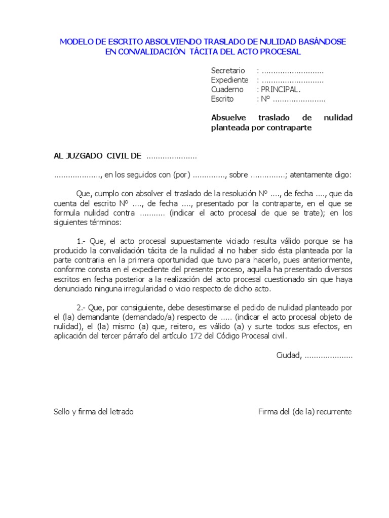 Modelo de Escrito Absolviendo Traslado de Nulidad Basándose en ... Modelo de Escrito Absolviendo Traslado de Nulidad Basándose en ...