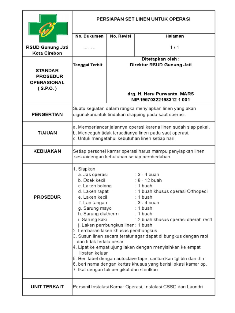 011 Sop Persiapan Set Linen Untuk Operasi | PDF