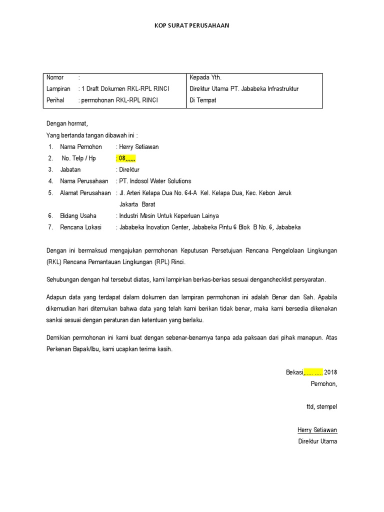 Permohonan RKL-RPL Rinci PT. Indosol | PDF