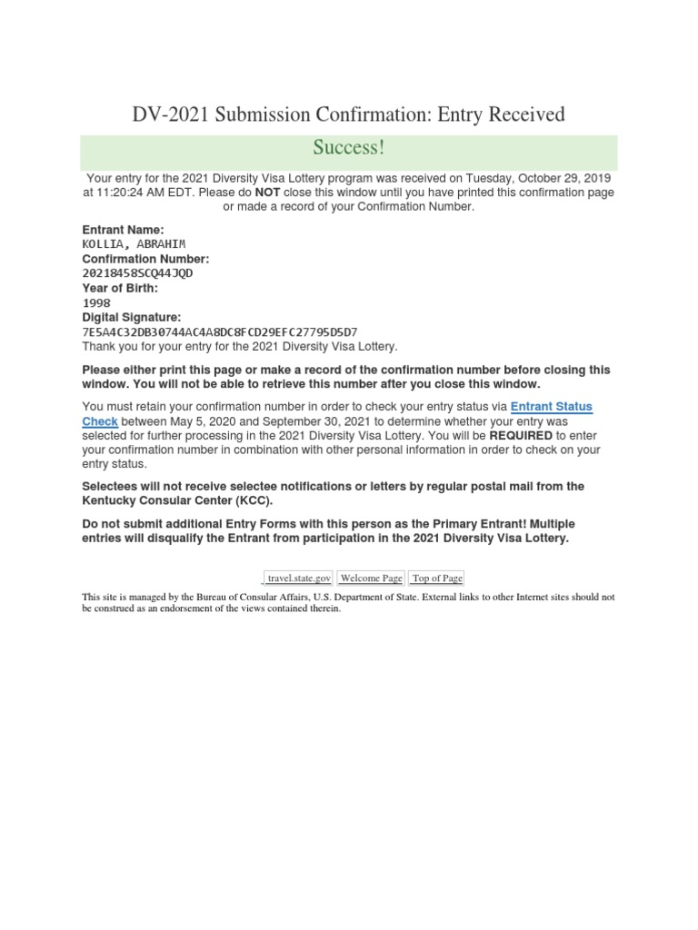 DV-2021 Entry Confirmation | PDF | Travel Visa | Business