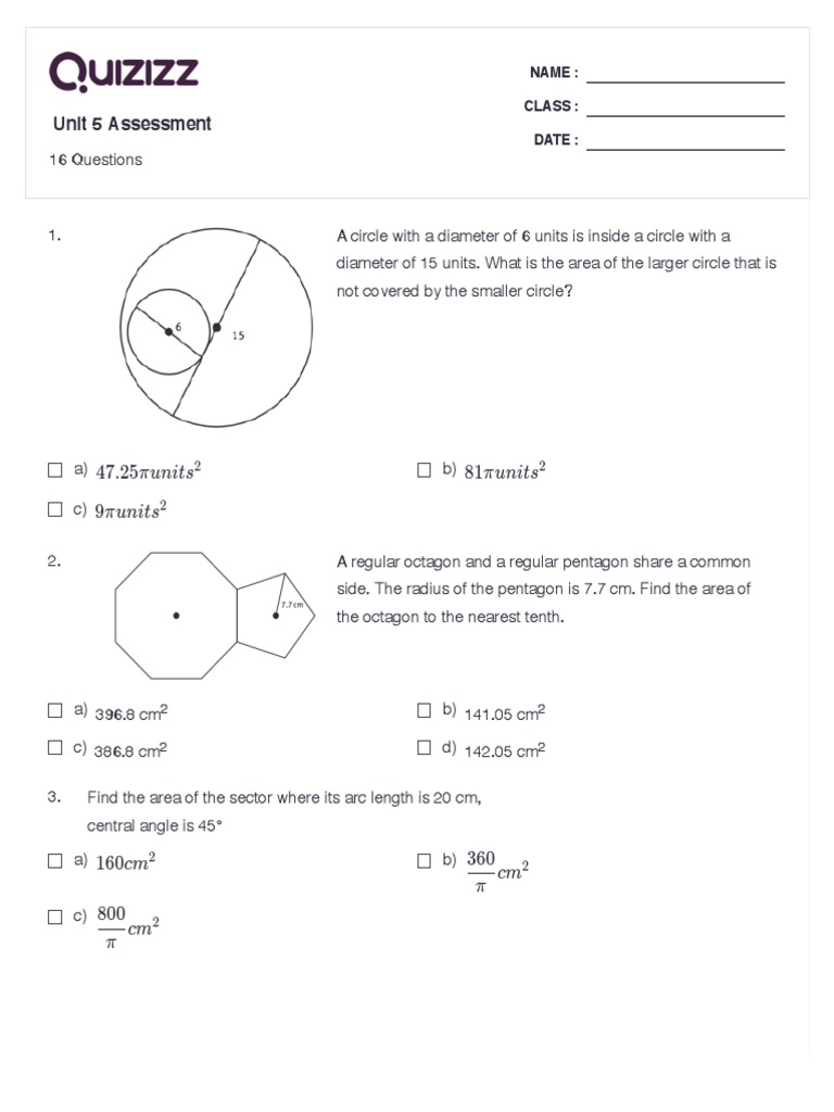 Unit 5 Assessment Print - Quizizz | PDF | Area | Circle
