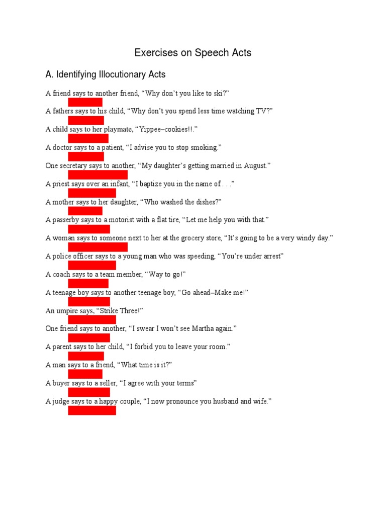 Exercises on Speech Acts with answers covered (1).docx | Semiotics | Linguistics