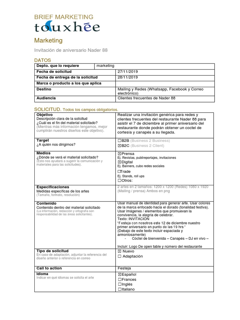 Modelo de Briefing para Restaurante. | PDF | Marketing | Comunicación