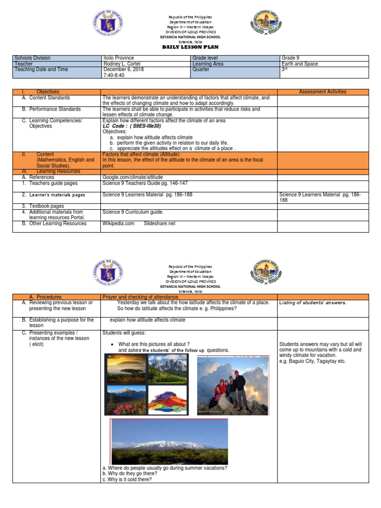 Daily Lesson Plan Altitude | PDF | Altitude | Mountains