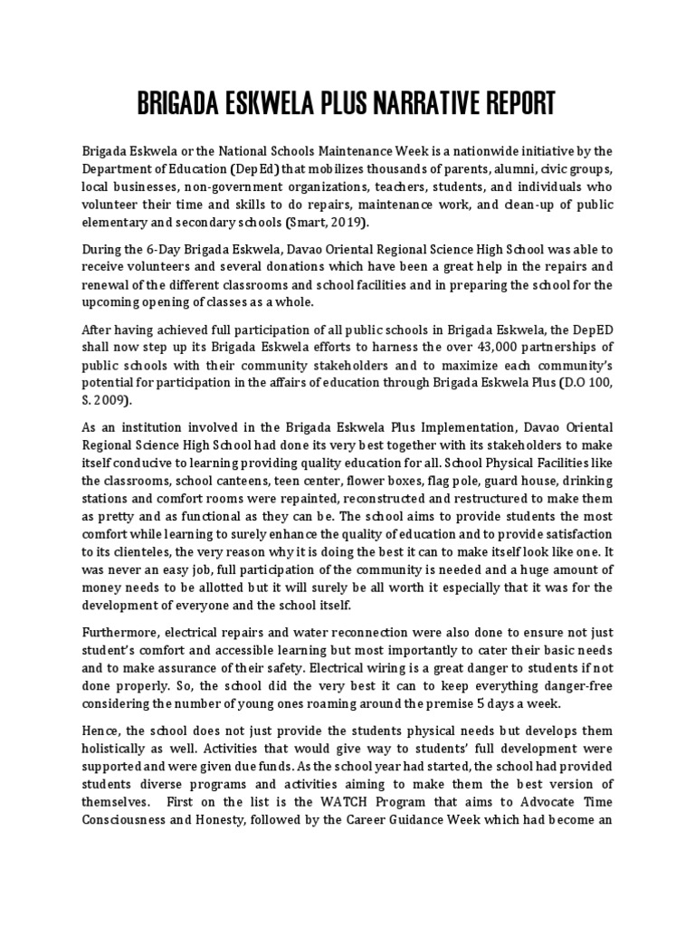 Brigada Eskwela Plus Narrative Report | PDF | Classroom | Learning