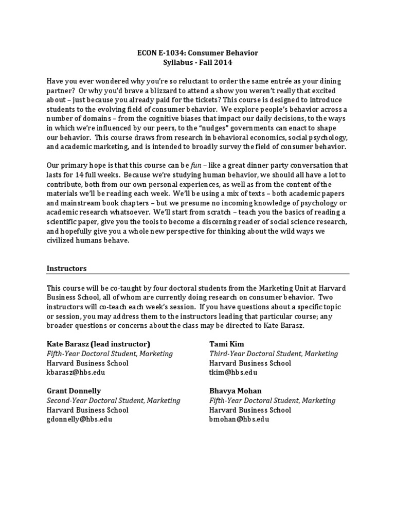 Consumer Behavior - Course Syllabus - September 2014 HBS | PDF ...