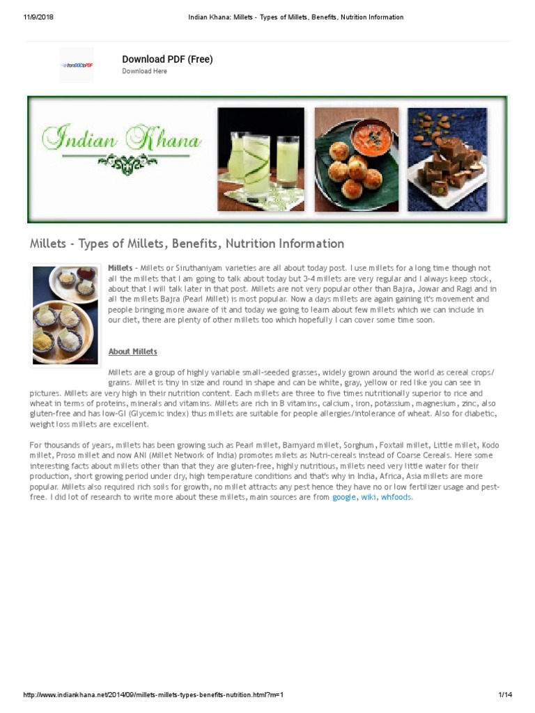 Types of Millets, Benefits, Nutrition Information | PDF | Cereals ...