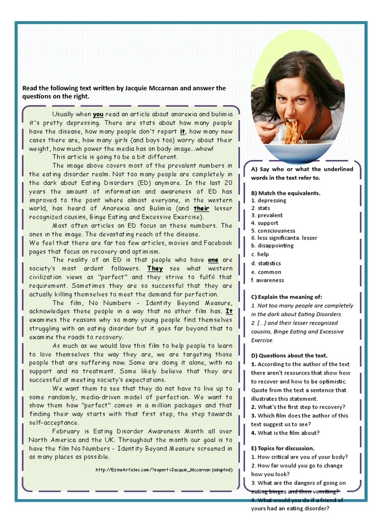 Eating Disorders Reading Comprehension Exercises - 6785 | PDF | Eating ...