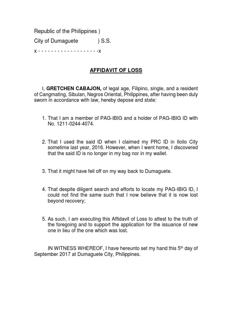 Affidavit of Loss - Pagibig Id | PDF