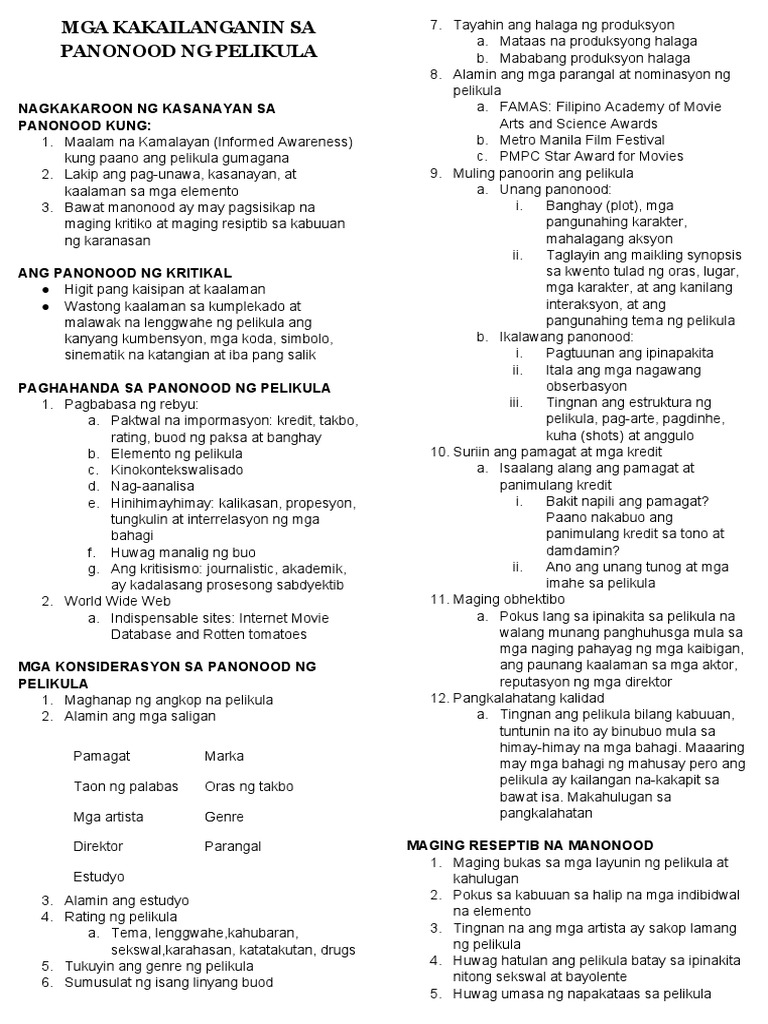 Mga Kakailanganin Sa Panonood NG Pelikula | PDF