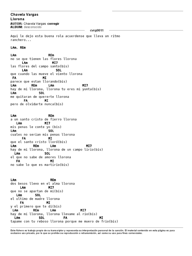Chavela Vargas, Llorona_ Letra y Acordes