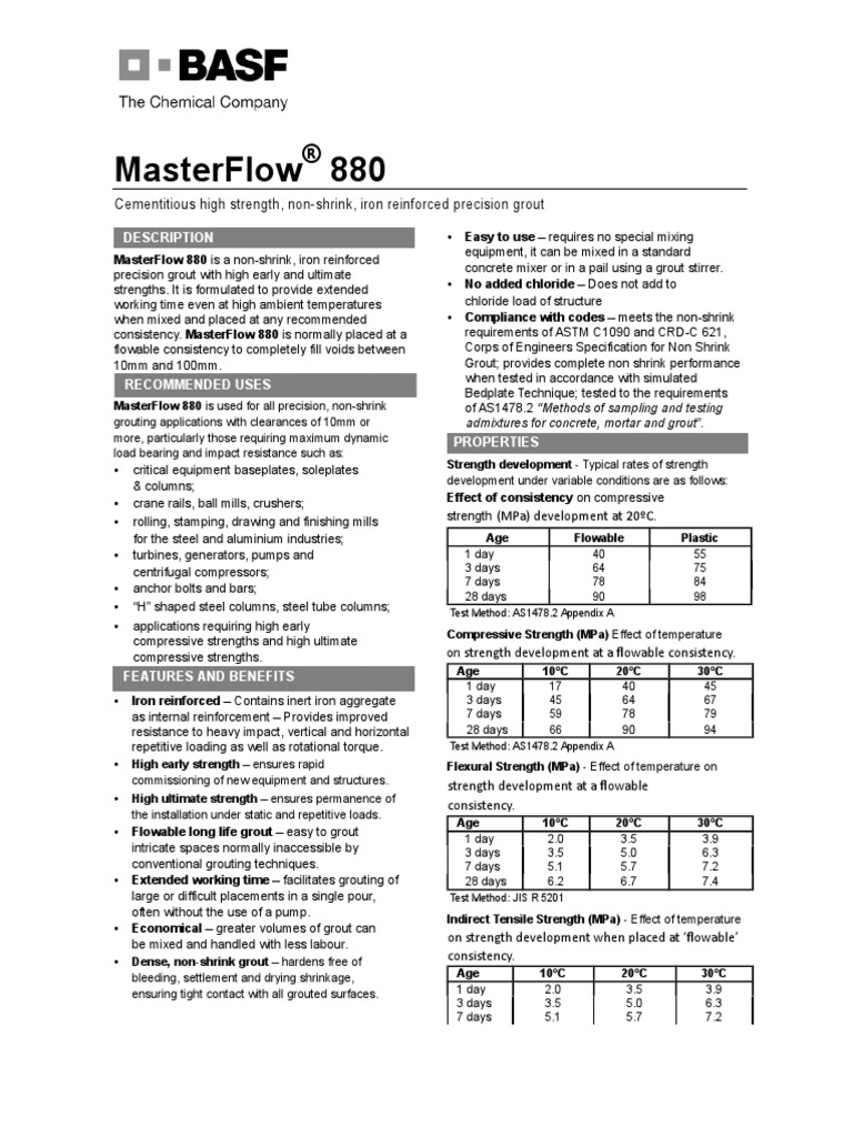 Basf Masterflow 880 Tds | PDF | Density | Concrete