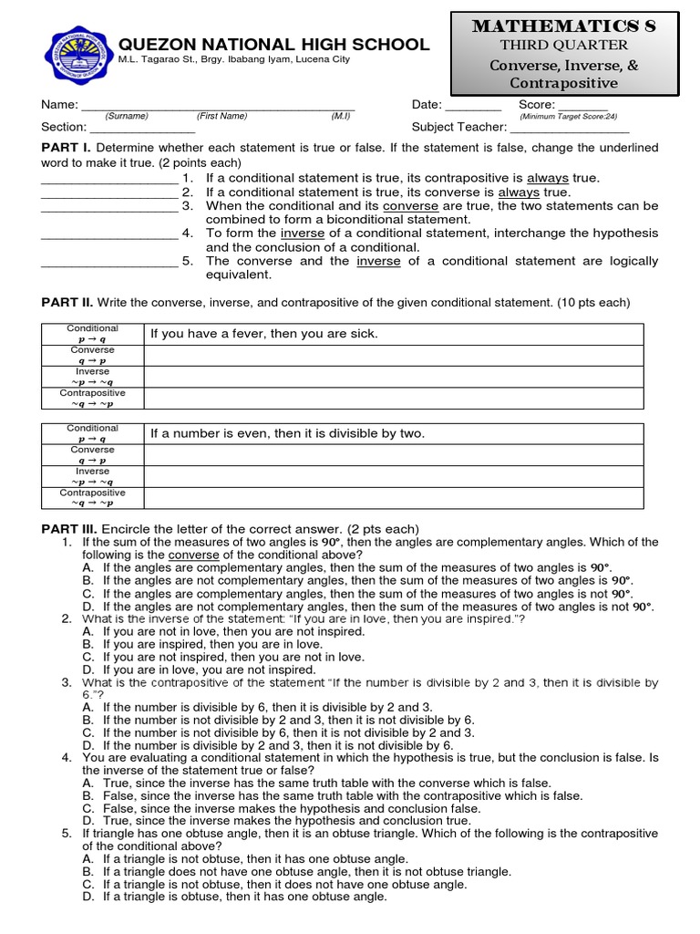 Quiz on Converse, Inverse, Contrapositive | PDF | Logical Expressions ...