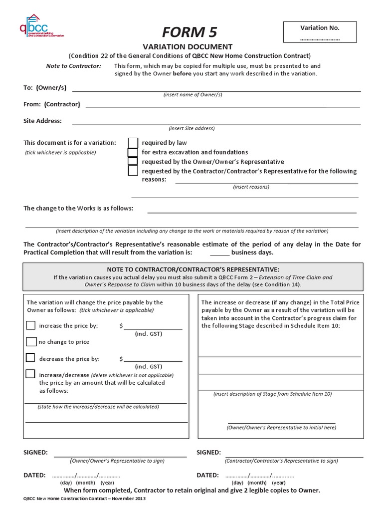Construction Contract Variation Form PDF | PDF | General Contractor ...