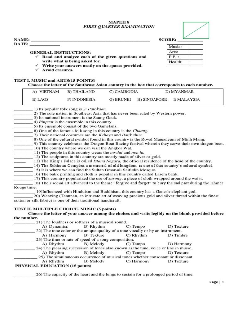 MAPEH 8 Exam 1st Quarter | PDF | Flexibility (Anatomy) | Southeast Asia