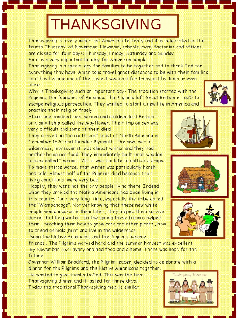 Thanksgiving Reading For Pre Intermediate Reading Comprehension ...