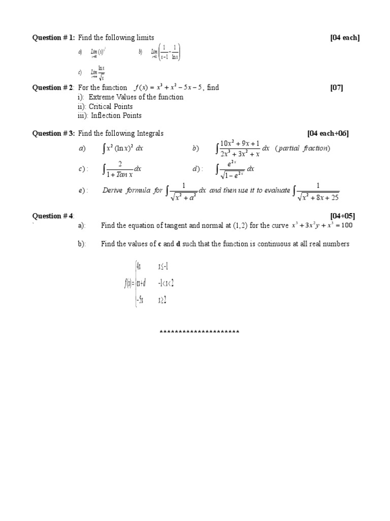 Limits, Integrals, Functions, Equations of Tangent & Normal | PDF | Tangent | Mathematical Concepts