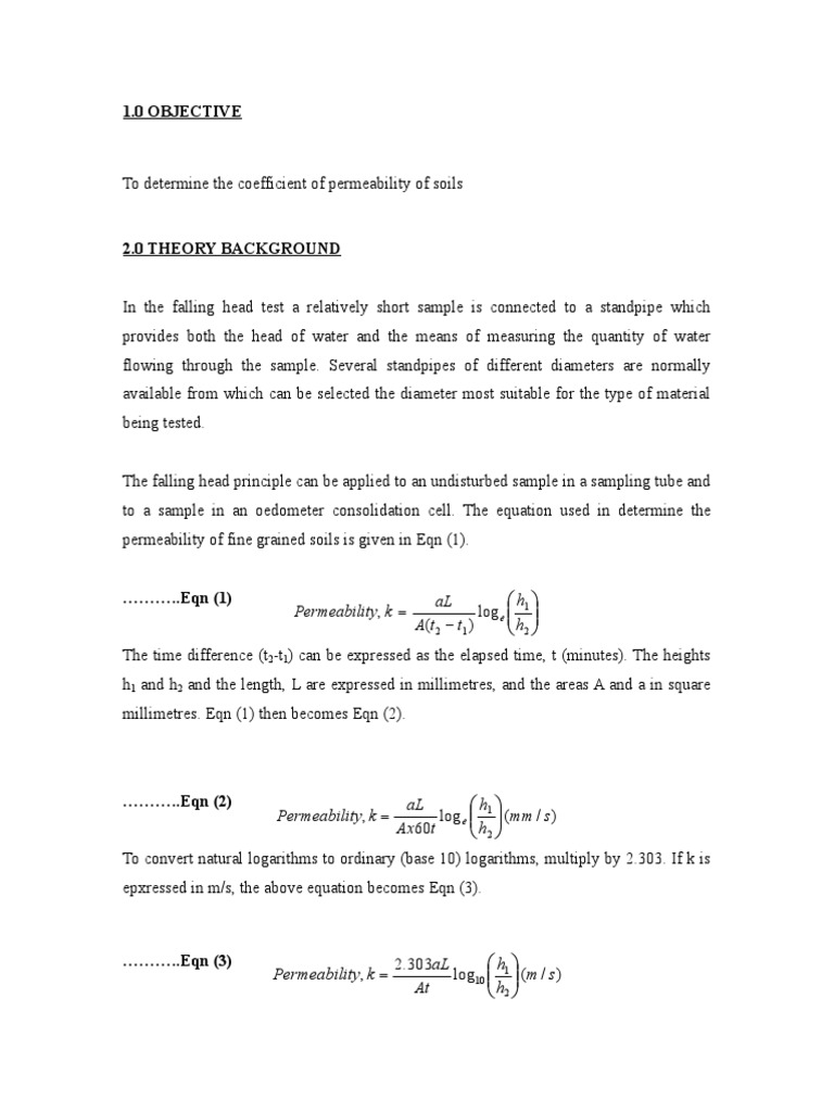 Falling Head Permeability Test Lab Report | PDF | Porosity | Soil