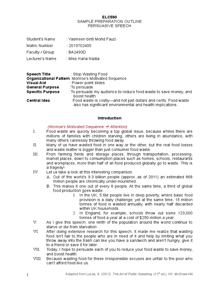 Food Waste Perusasive Speech Template | PDF | Foods | Landfill