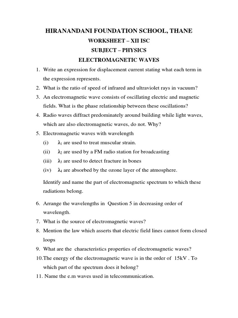 HFS Thane Physics Worksheet | PDF | Electromagnetic Radiation | Waves