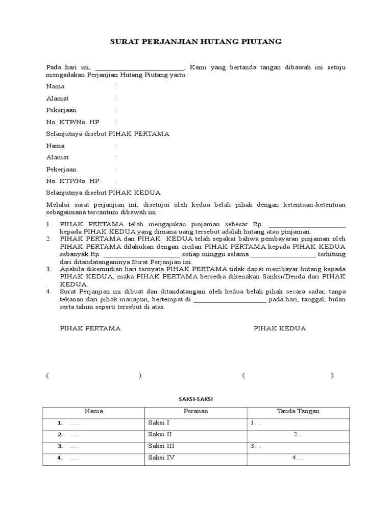 Contoh Surat Perjanjian Hutang Piutang | PDF