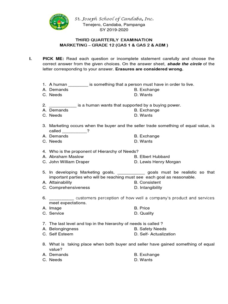 Grade 12 Marketing Exam Questions | PDF | Customer | Marketing
