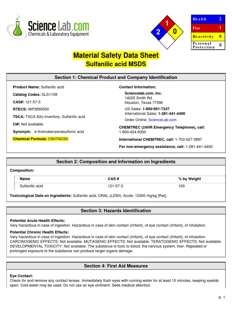 Msds Sulfanilat | PDF | Toxicity | Solubility