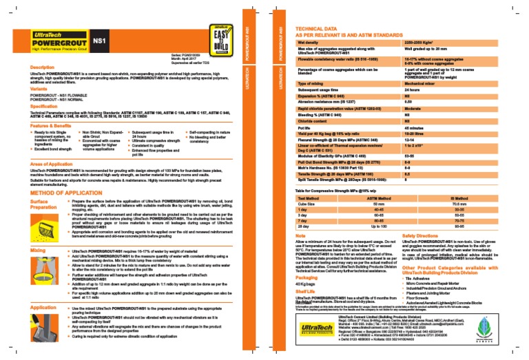 Ultratech TDS Leaflet - Powergrout-NS1 | PDF | Concrete | Chemistry